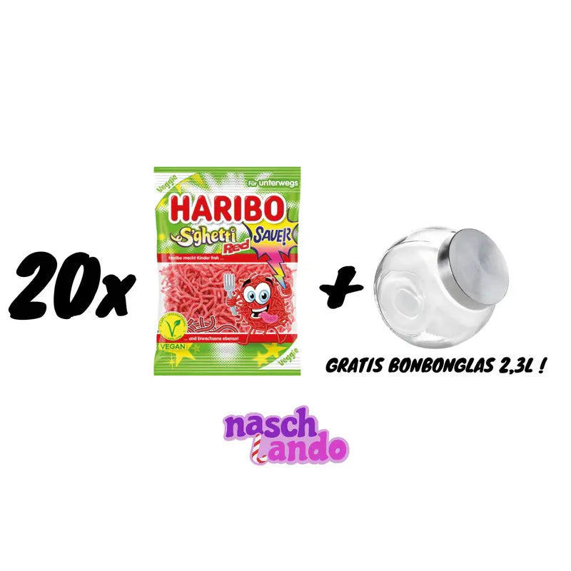 20x Haribo Spaghetti Red 85g + BonBon Glas 2,3 Liter – Naschlando